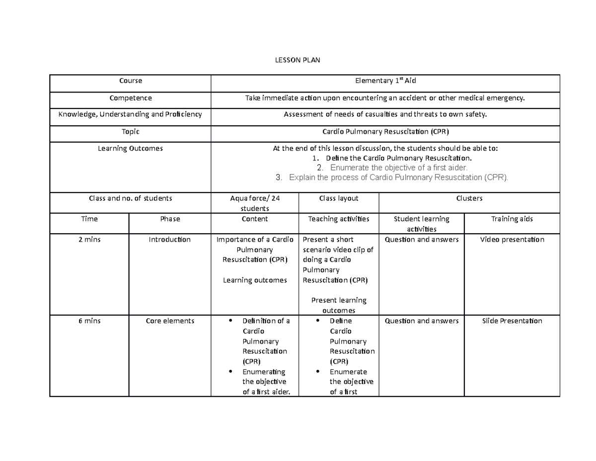 Lesson PLAN - Elacion- CPR - LESSON PLAN Course Elementary 1st Aid ...