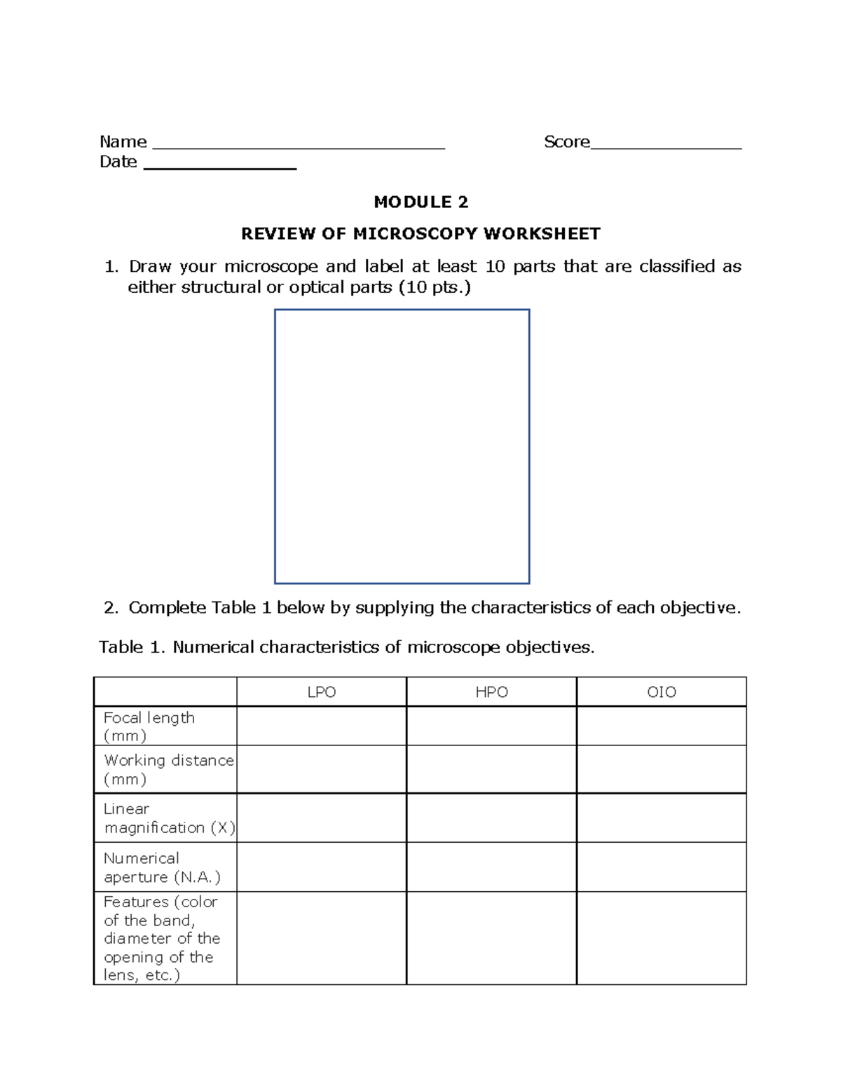 S-BIOL316LAa Enabling Assessment 2 - Name Score Date MODULE 2 REVIEW OF MICROSCOPY WORKSHEET 1 ...