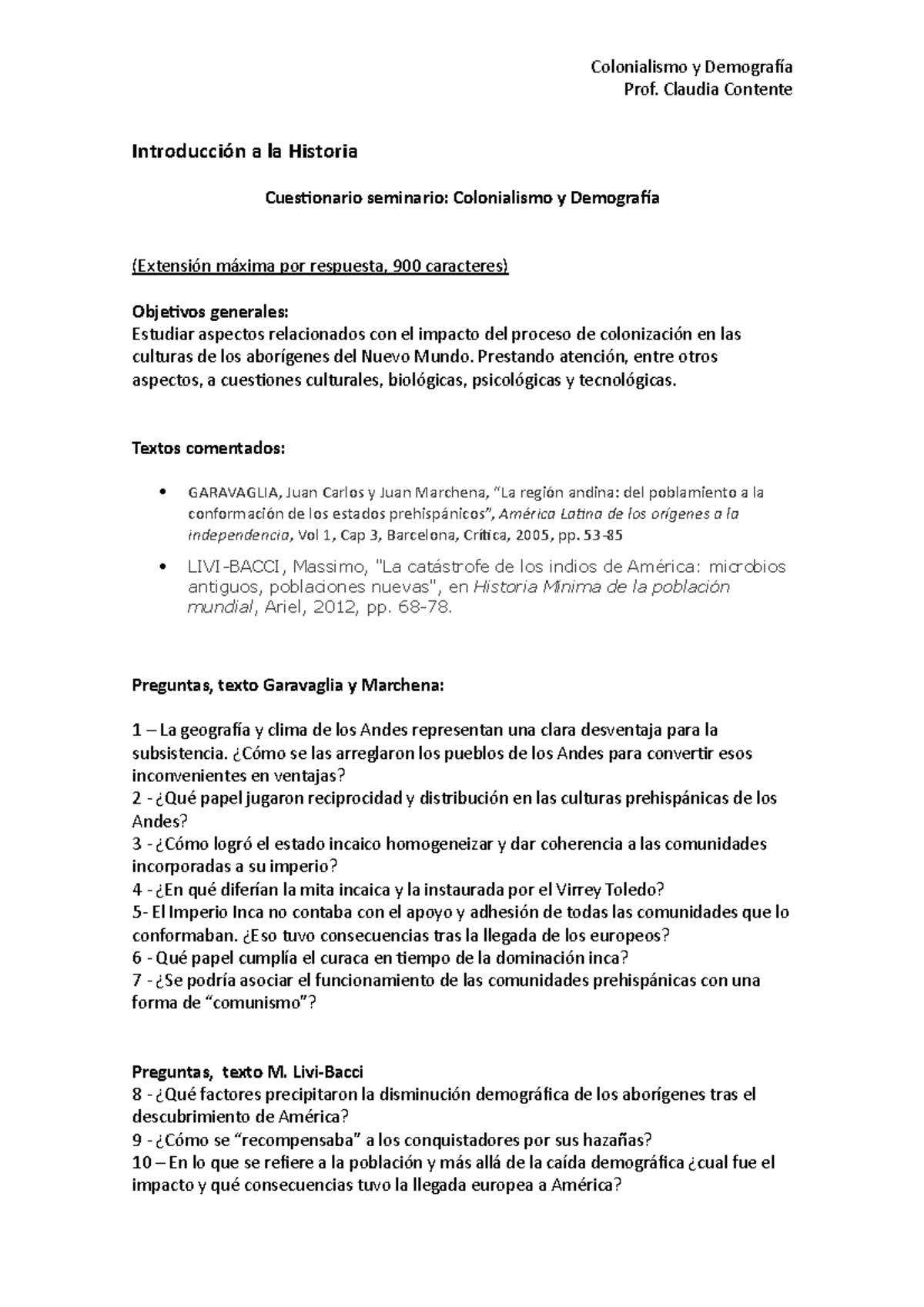 IH Cuestionario Colonialismo Demog - Colonialismo y Demografía Prof ...