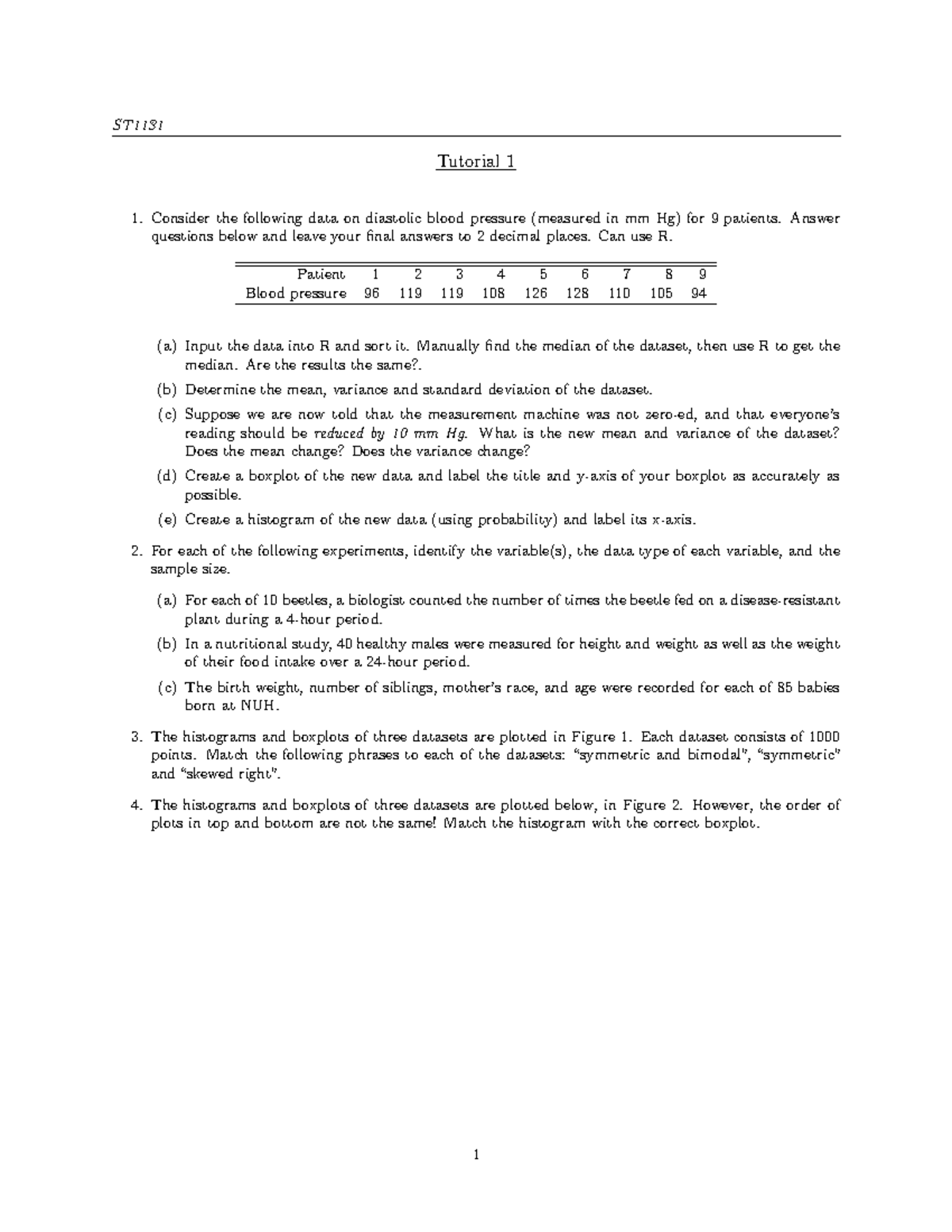 Tutorial 01 qn - Tut 1 qns - ST Tutorial 1 Consider the following data on diastolic blood ...