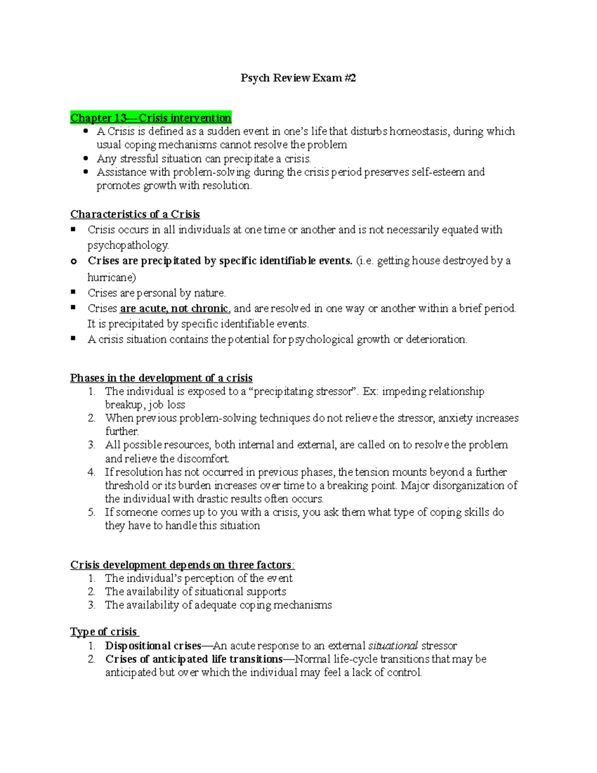 Psych Review Exam 2 - Assistance with during the crisis period ...