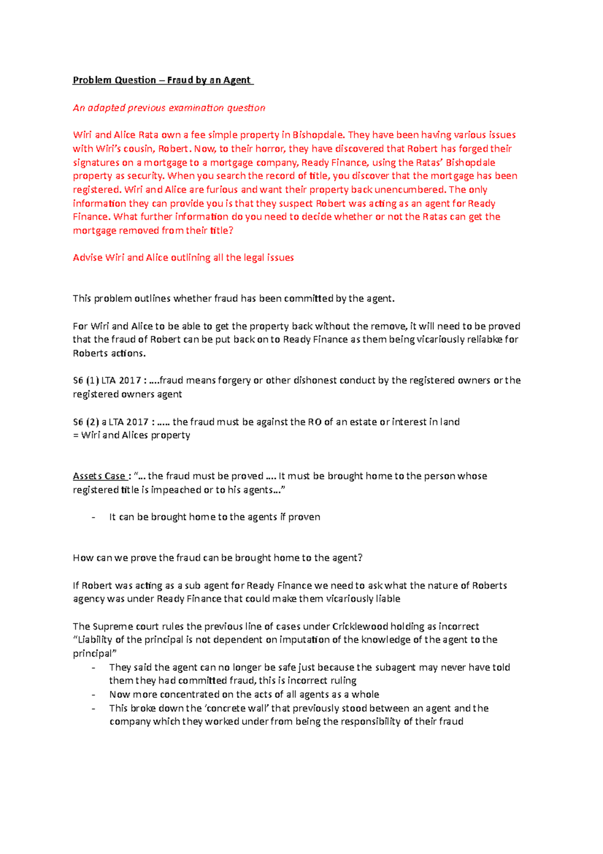 Problem Question - Fraud by an Agent - They have been having various ...