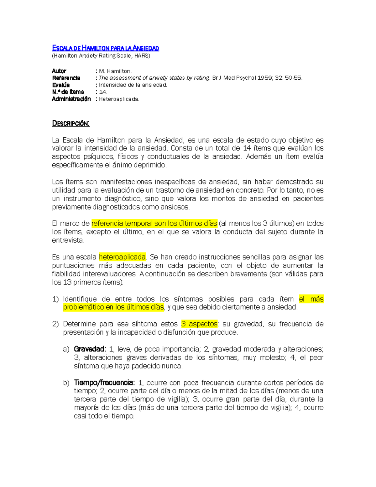 Hamilton instructivo ESCALA DE HAMILTON PARA LA ANSIEDAD Hamilton