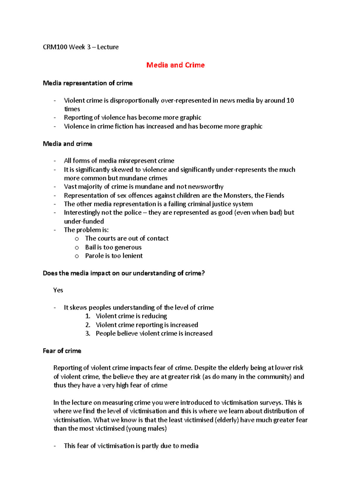 CRM100 Week 3 - Lecture - CRM100 Week 3 3 Lecture Media and Crime Media ...
