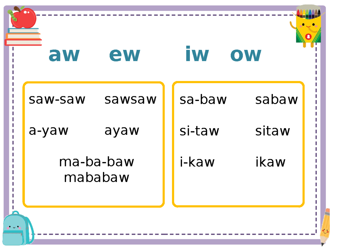 Pagsasanay sa Pagbabasa - aw ew iw ow uw saw-saw sawsaw a-yaw ayaw ma ...