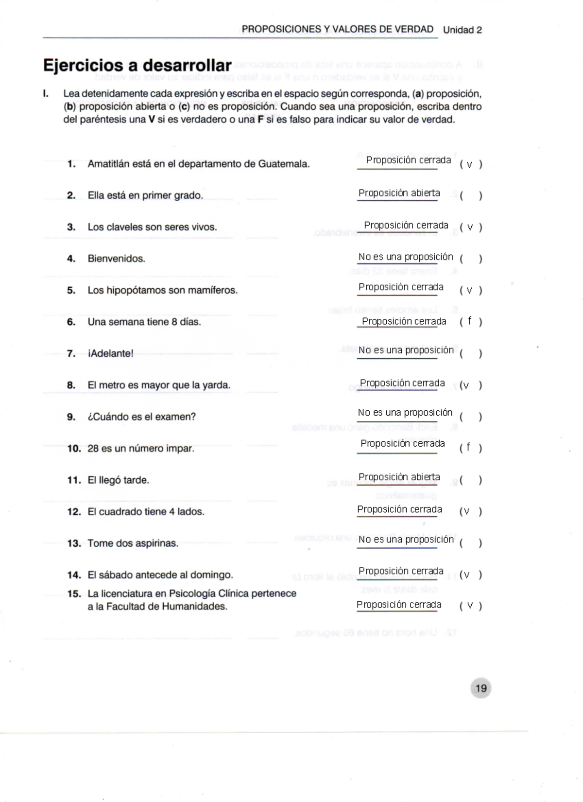 Hoja ejercicios 2 - Proposiciones - v Proposición abierta v v No es una ...