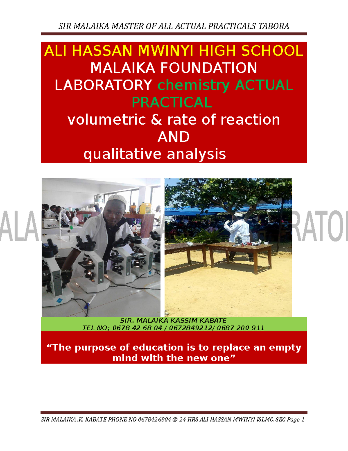 Chem prac IV - ALI HASSAN MWINYI HIGH SCHOOL MALAIKA FOUNDATION LABORATORY chemistry ACTUAL ...