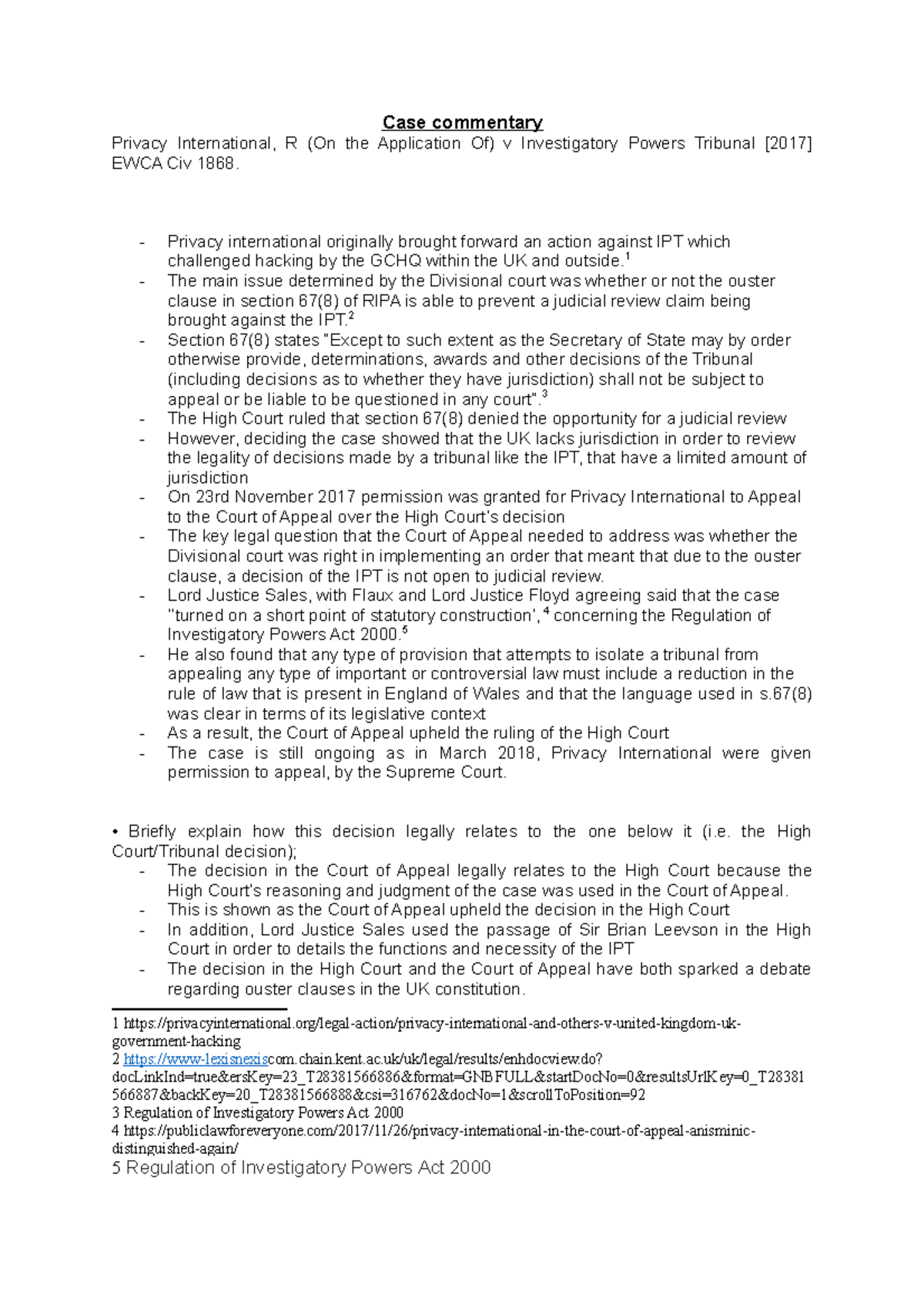 Case commentary - Case commentary Privacy International, R (On the ...