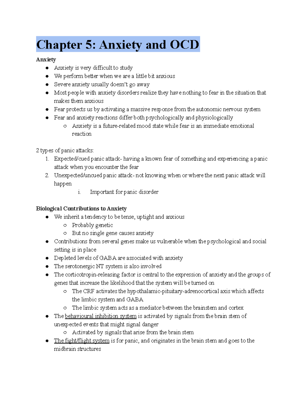 Psy3171 lecture notes-1 - Chapter 5: Anxiety and OCD Anxiety Anxiety is ...