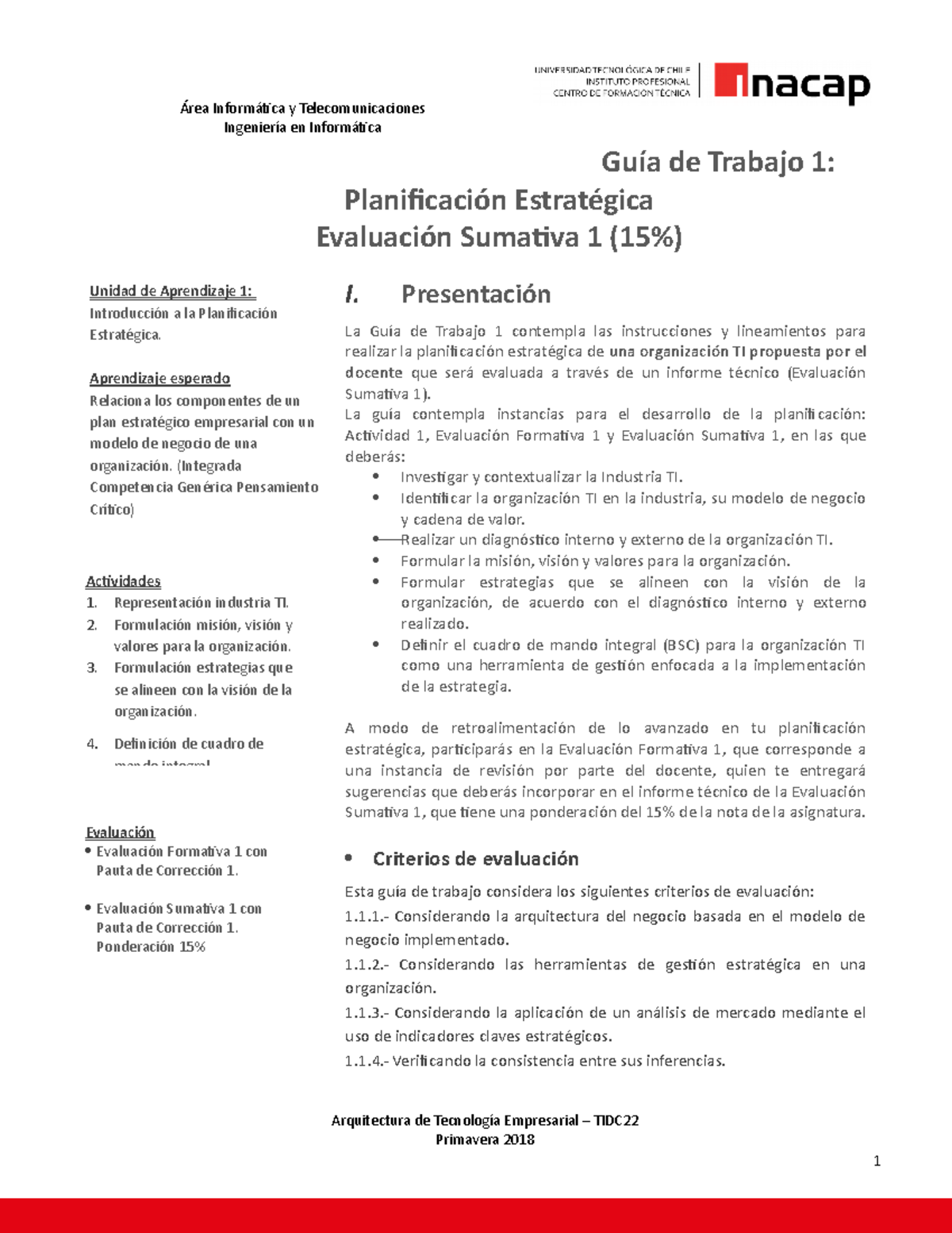 TIDC22 U1 Guía Trabajo 1 Planif Estratégica - Guía de Trabajo 1 ...