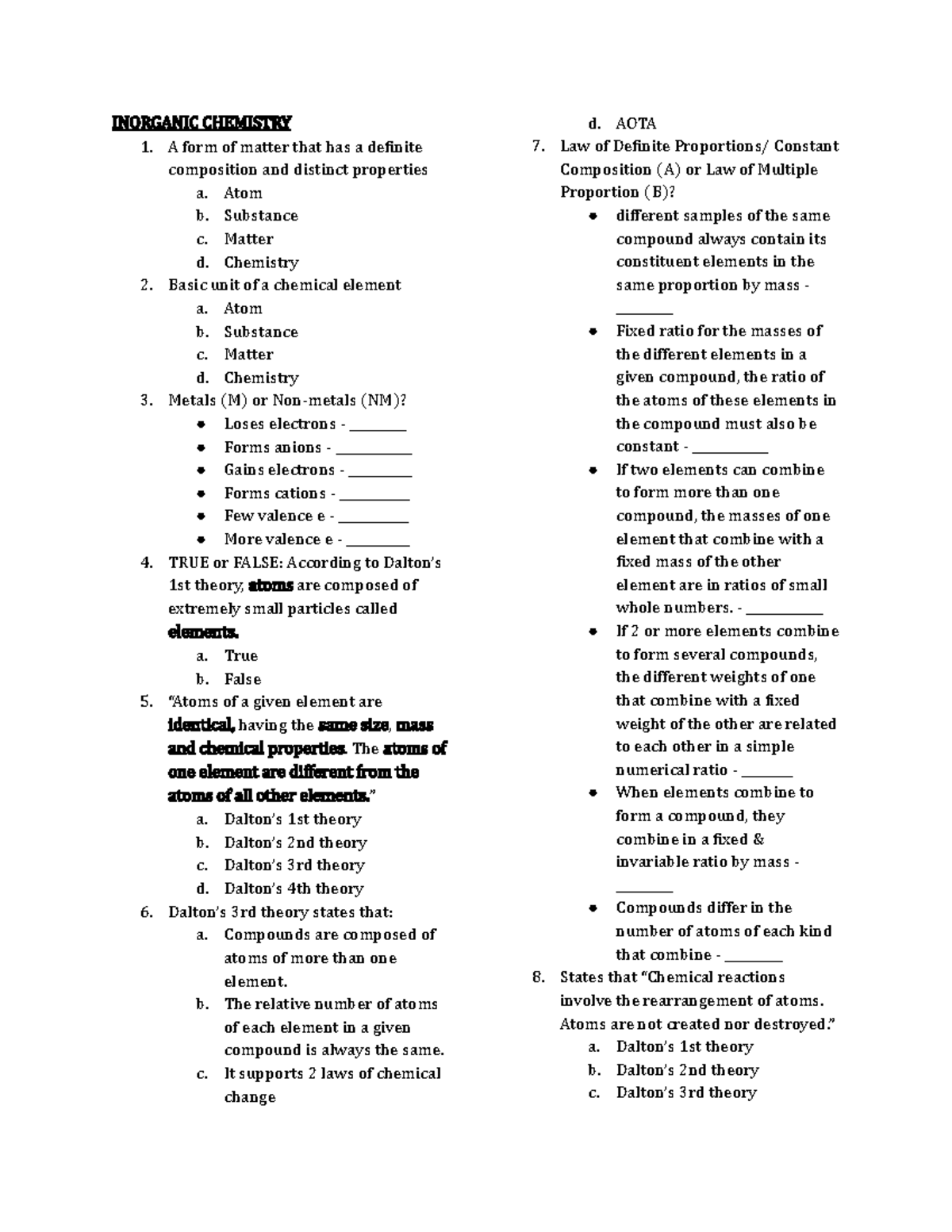 Inorganic Chemistry - notes - INORGANIC CHEMISTRY A form of matter that ...