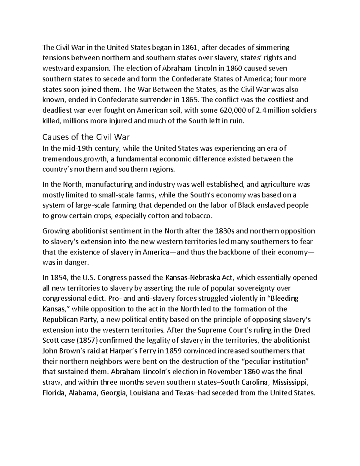 Civil War Notes - The Civil War in the United States began in 1861 ...