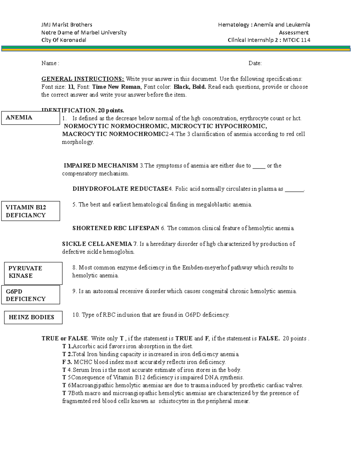 Hematology section Anemia and Leukemia - Notre Dame of Marbel ...