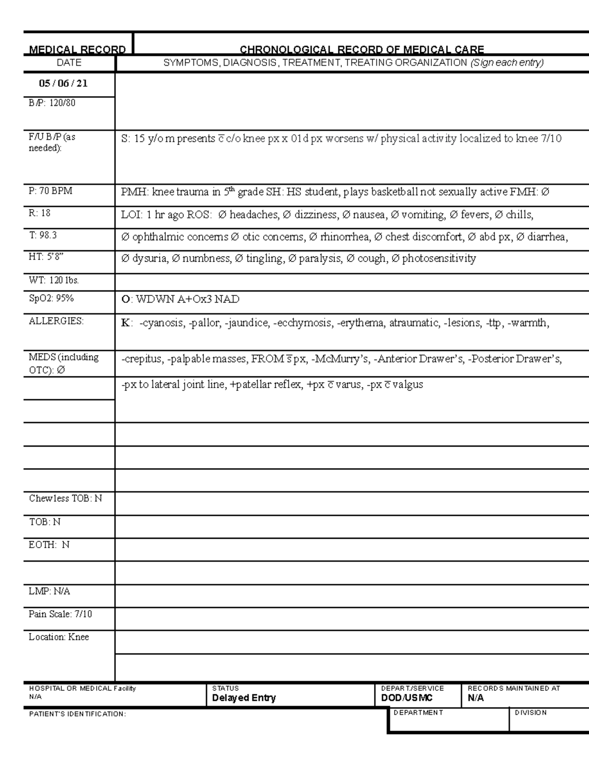 SOAP Note for Med. Assisting - MEDICAL RECORD CHRONOLOGICAL RECORD OF ...