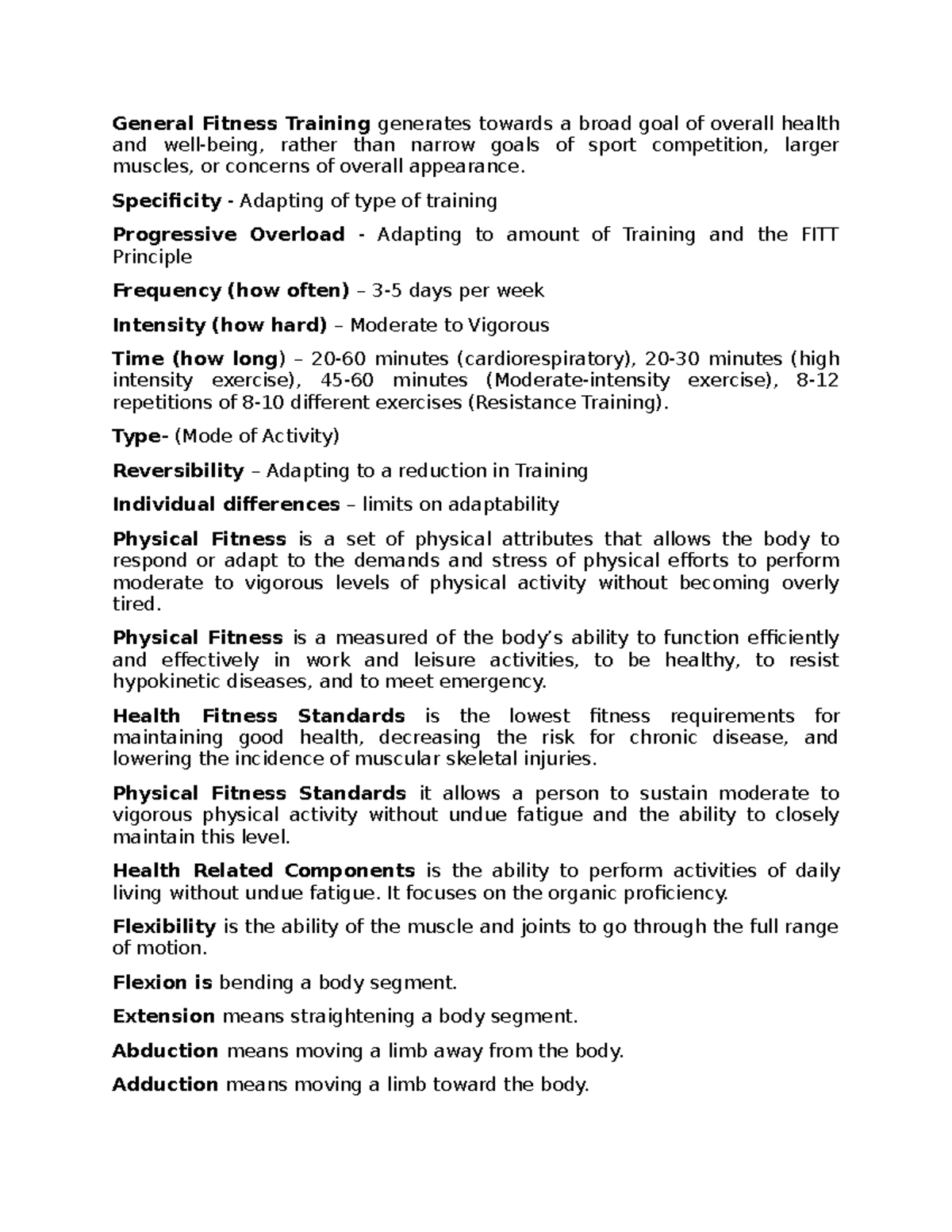 PE- General Fitness - This document pertains to the notes in Physical ...