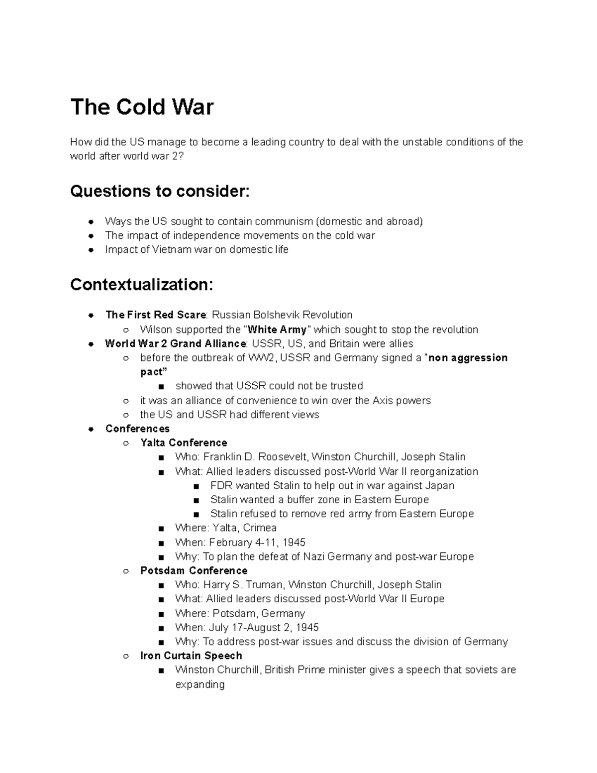 Cold War Notes - The Cold War How did the US manage to become a leading ...
