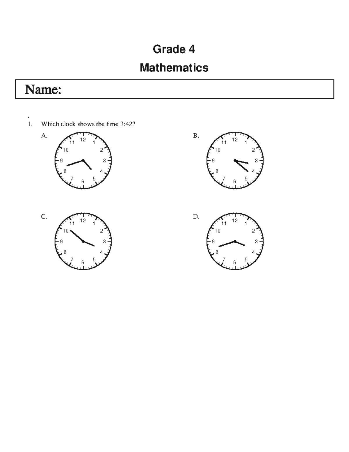 Maureen - Basic math quiz - Mathematics . 1. Which clock shows the time ...