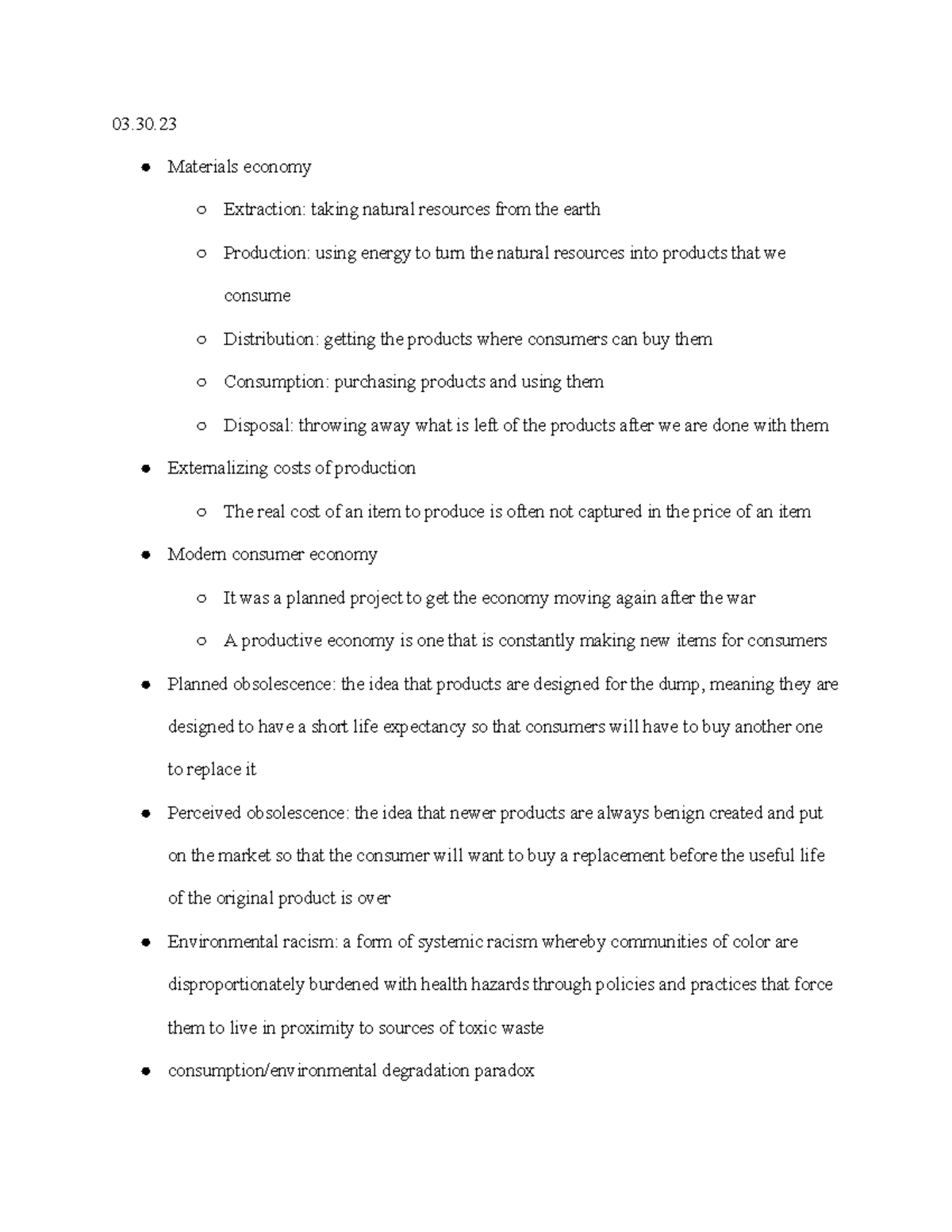 SOC001 Notes 3/30/23 - 03. Materials economy Extraction: taking natural ...