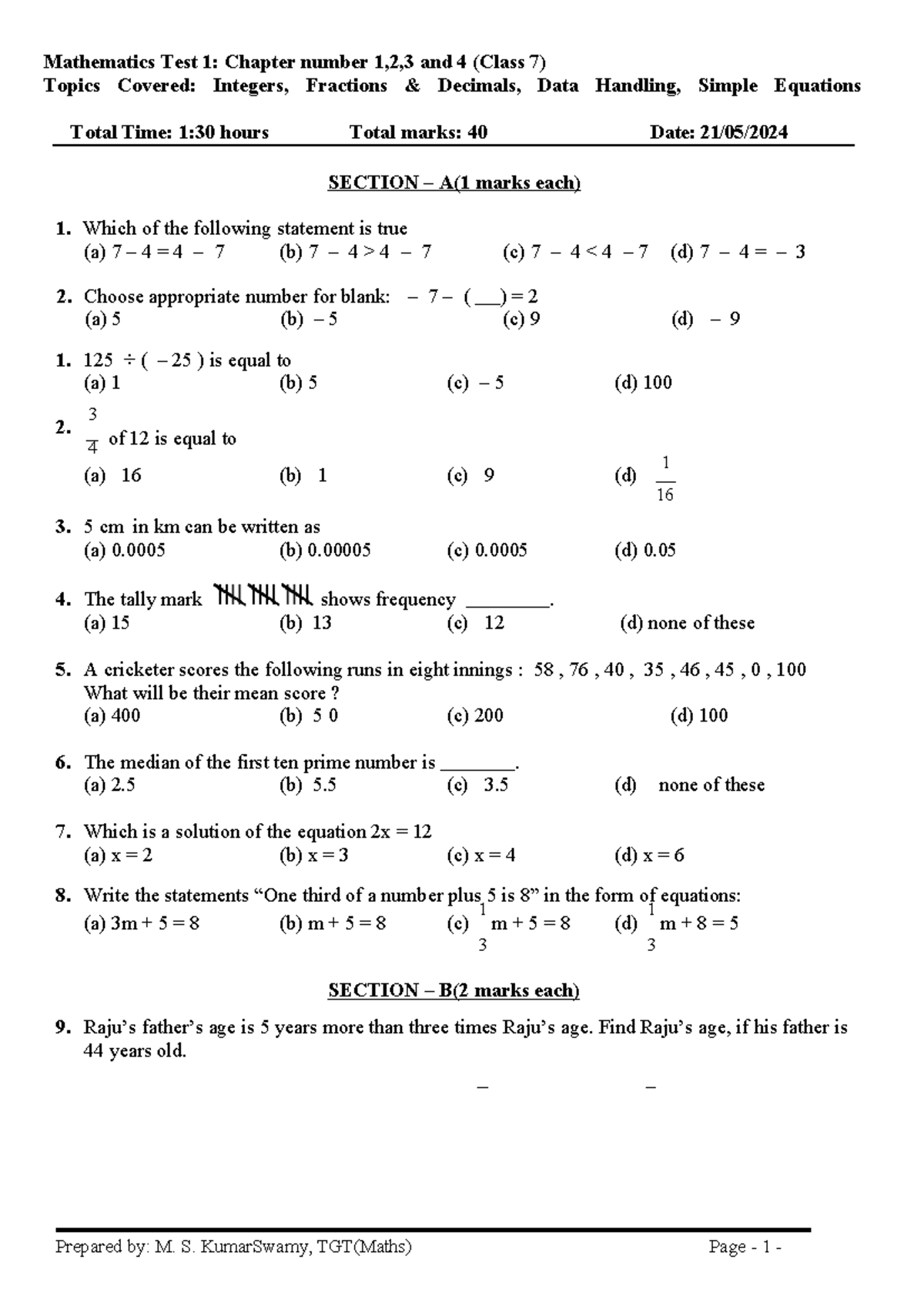 Class 7 maths ch1 to 4 set 2 - Prepared by: M. S. KumarSwamy, TGT(Maths ...