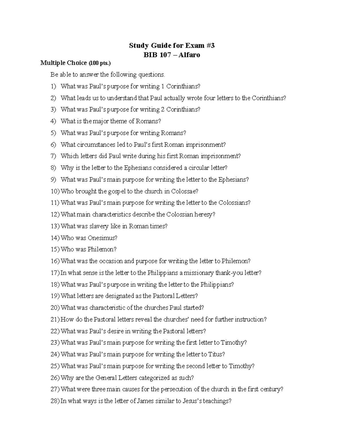 Study Guide for BIB 107 Exam 3 - Study Guide for Exam BIB 107 – Alfaro ...