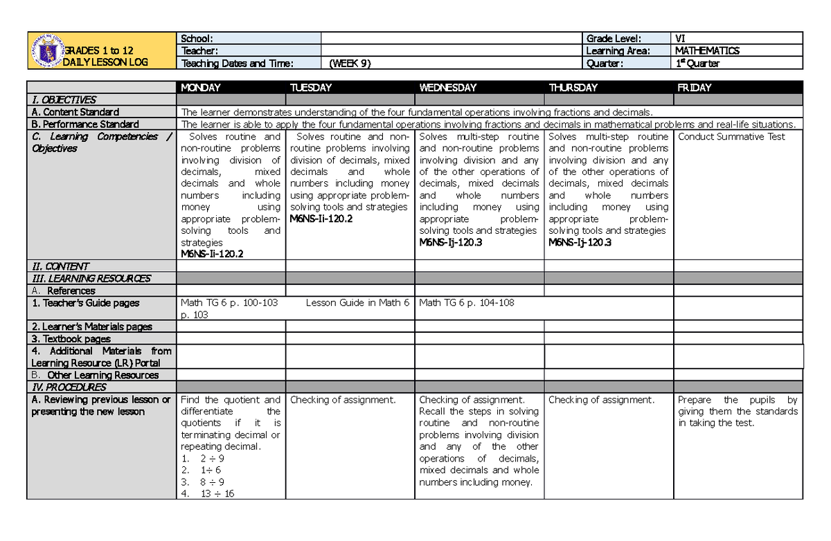 Sample-MATH6DLLQ1-W9 - GRADES 1 to 12 DAILY LESSON LOG School: Grade ...