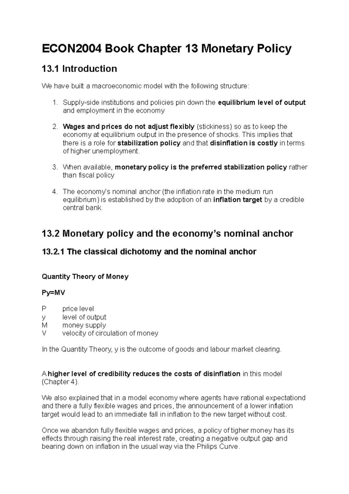 ECON2004 Term 1 Lecture 6 Reading Chapter 13 - ECON2004 Book Chapter 13 Monetary Policy 13 - Studocu
