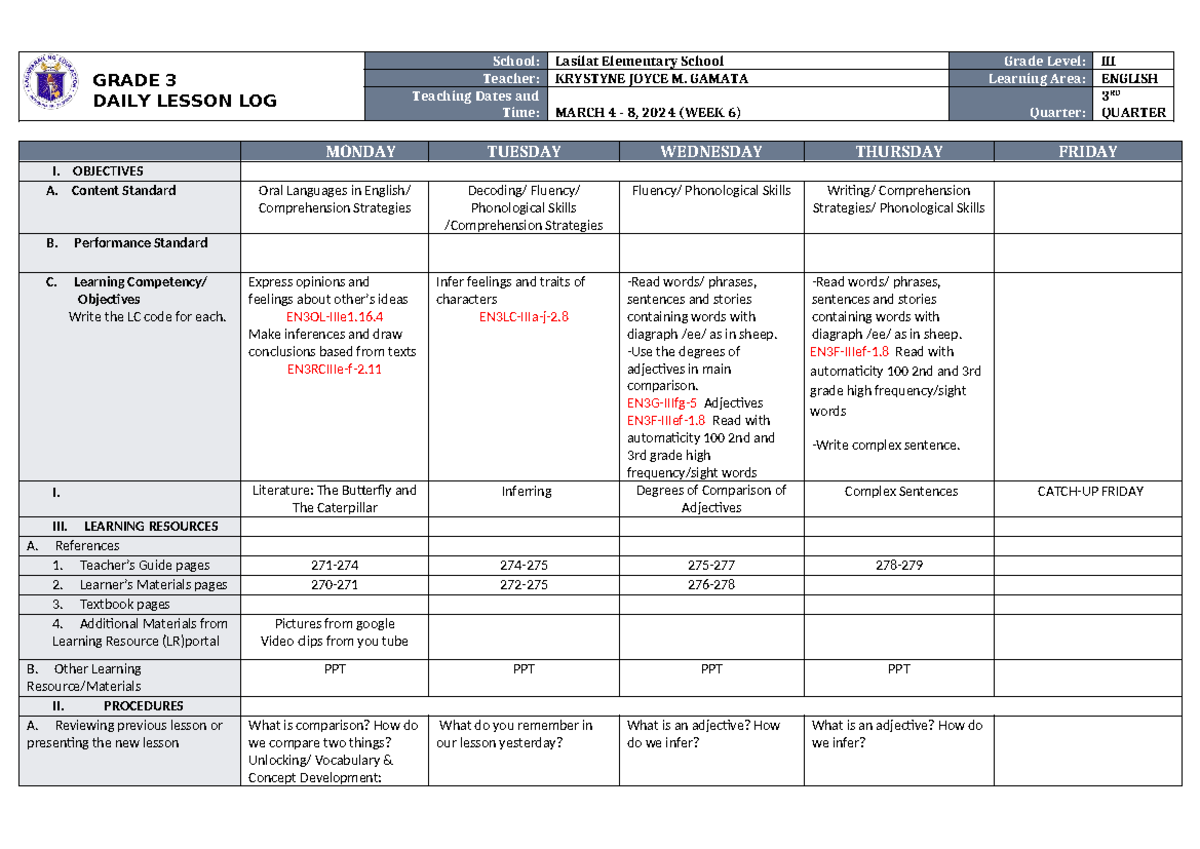 DLL English 3 Q3 W6 - kjsbd - GRADE 3 DAILY LESSON LOG School: Lasilat ...