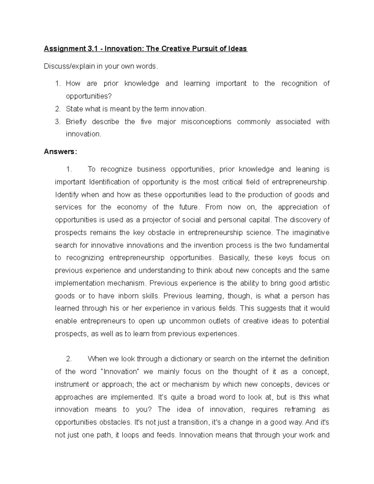 Assignment 3 1 Innovation The Creative Pursuit of Ideas - Assignment 3 ...