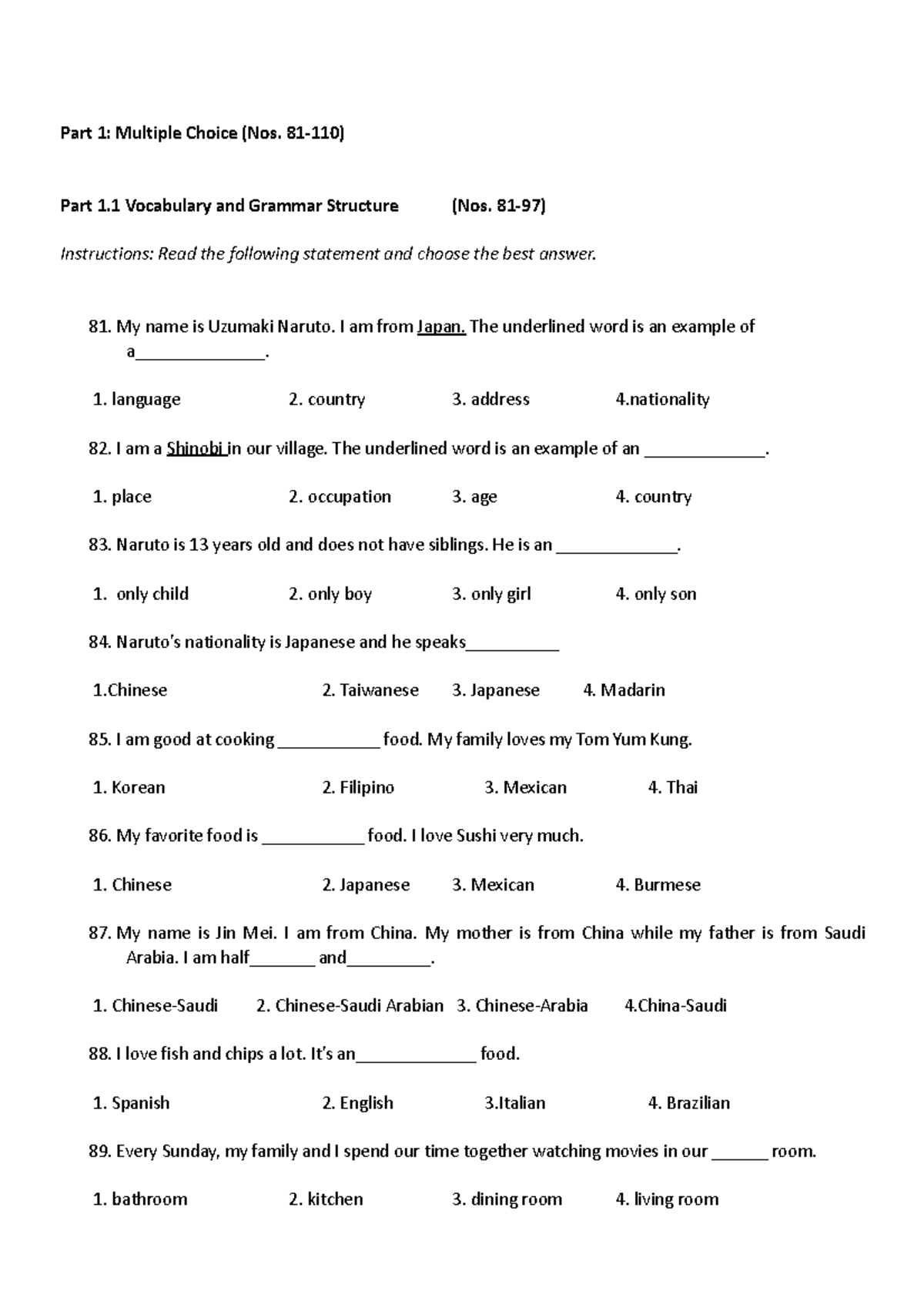 M1 Midterm EXAM TERM 1 - Grade 8 Examintation - Part 1: Multiple Choice ...