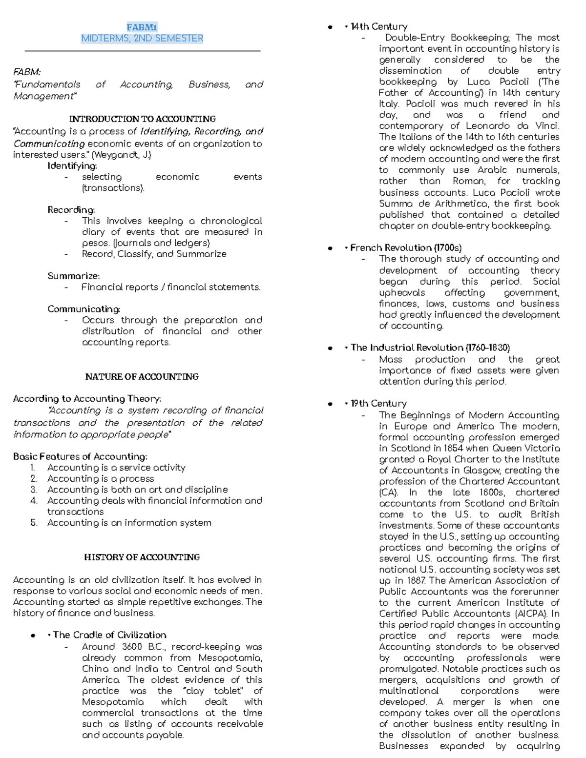 FABM1- Midterms-1 - Reviewer for FABM 1 midterms - FABM MIDTERMS, 2ND ...