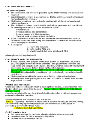 Civil Procedure - lecture notes all - CIVIL PROCEDURE – WEEK 1 The ...