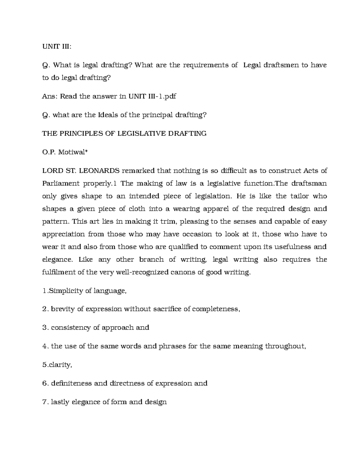 UNIT III - UNIT Q. What is legal drafting? What are the requirements of ...