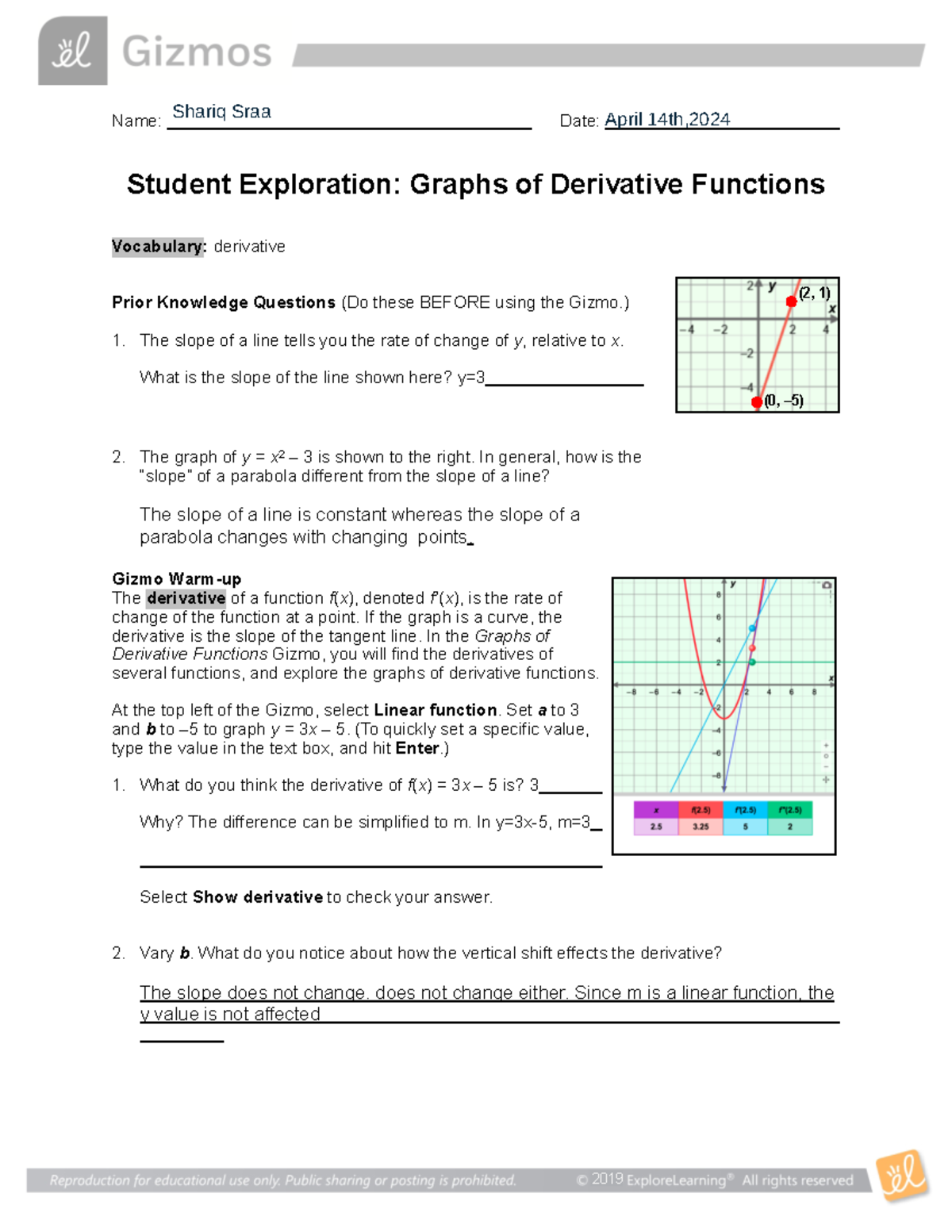 Derivatives SE - Done - Math - Name: Date: Student Exploration: Graphs ...