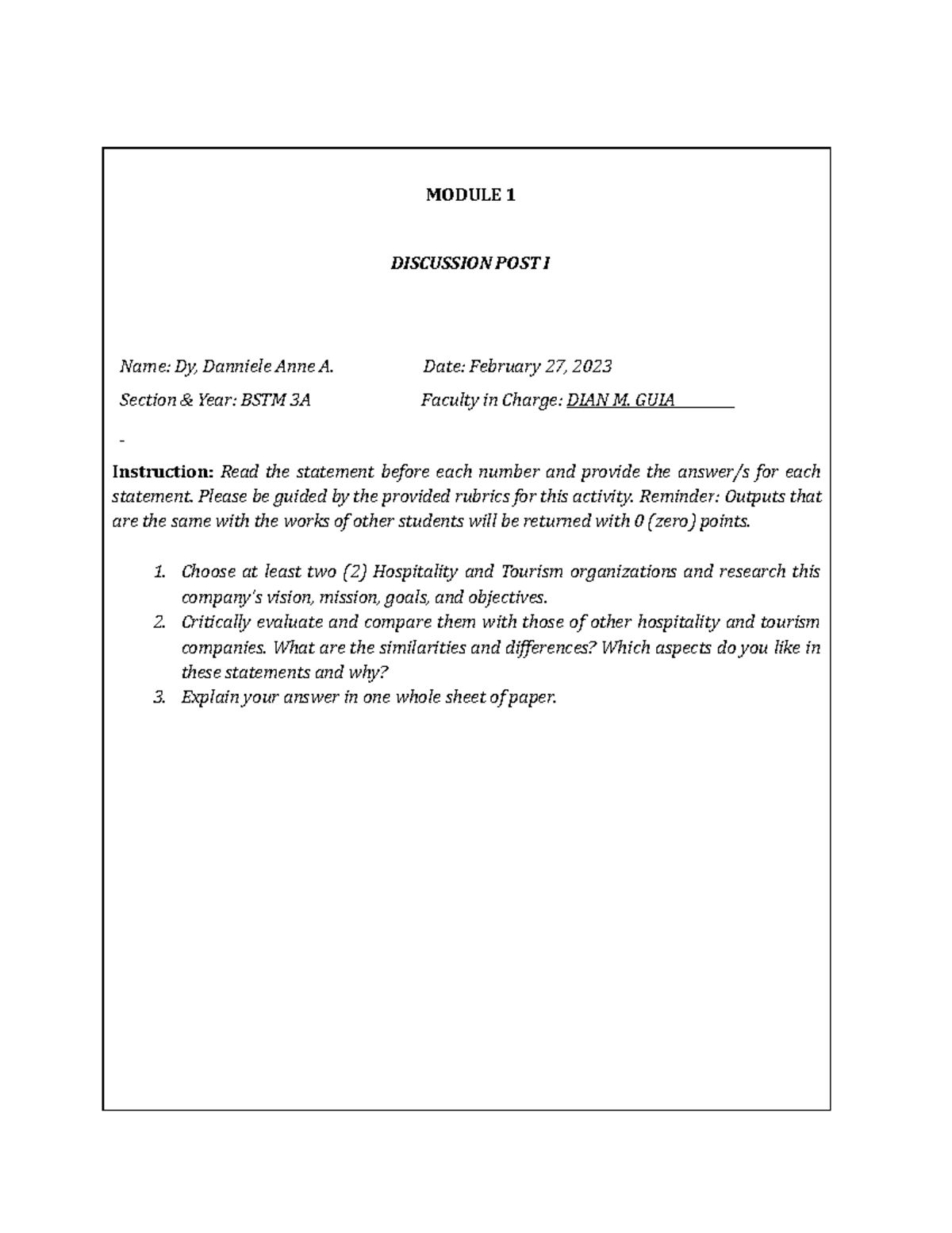 Module 1 Discussion Posting - MODULE 1 DISCUSSION POST I Name: Dy ...