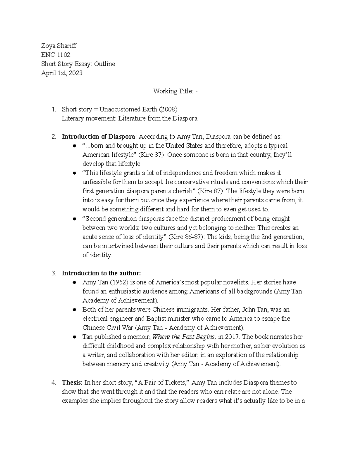ENC1102 W4 Short Story Essay, Outline - Zoya Shariff ENC 1102 Short ...