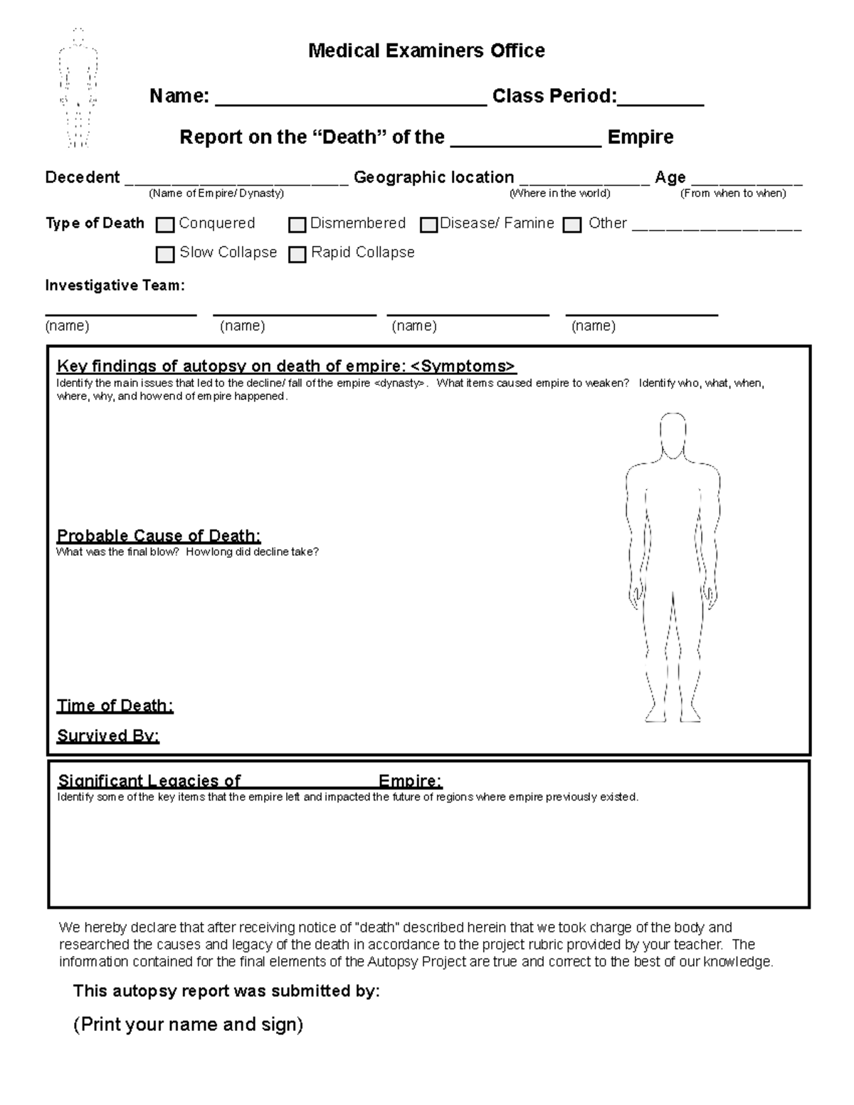 Autopsy Report Student Handout - Medical Examiners Office Name