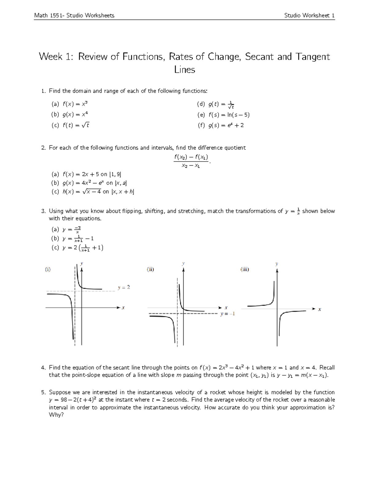 1551 Worksheet 1 - Day 1 - Math 1551- Studio Worksheets Studio Worksheet 1 Week 1: Review of ...
