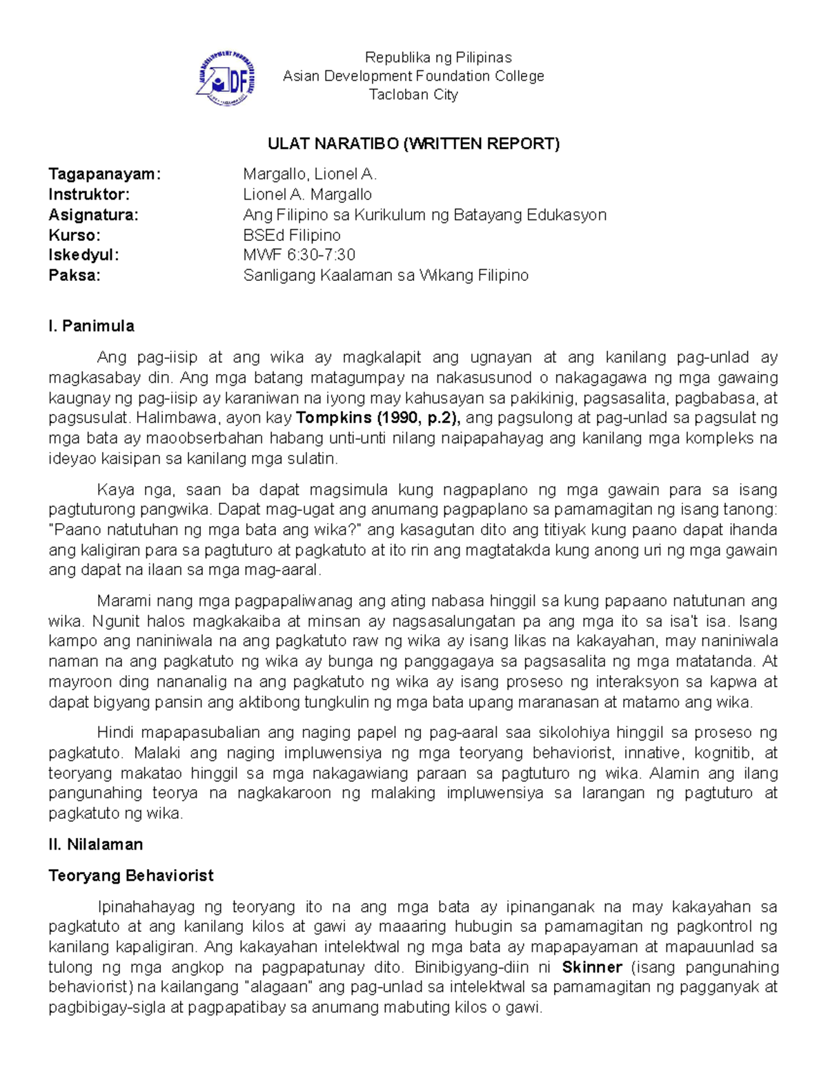 Sample Written Report - Republika ng Pilipinas Asian Development ...