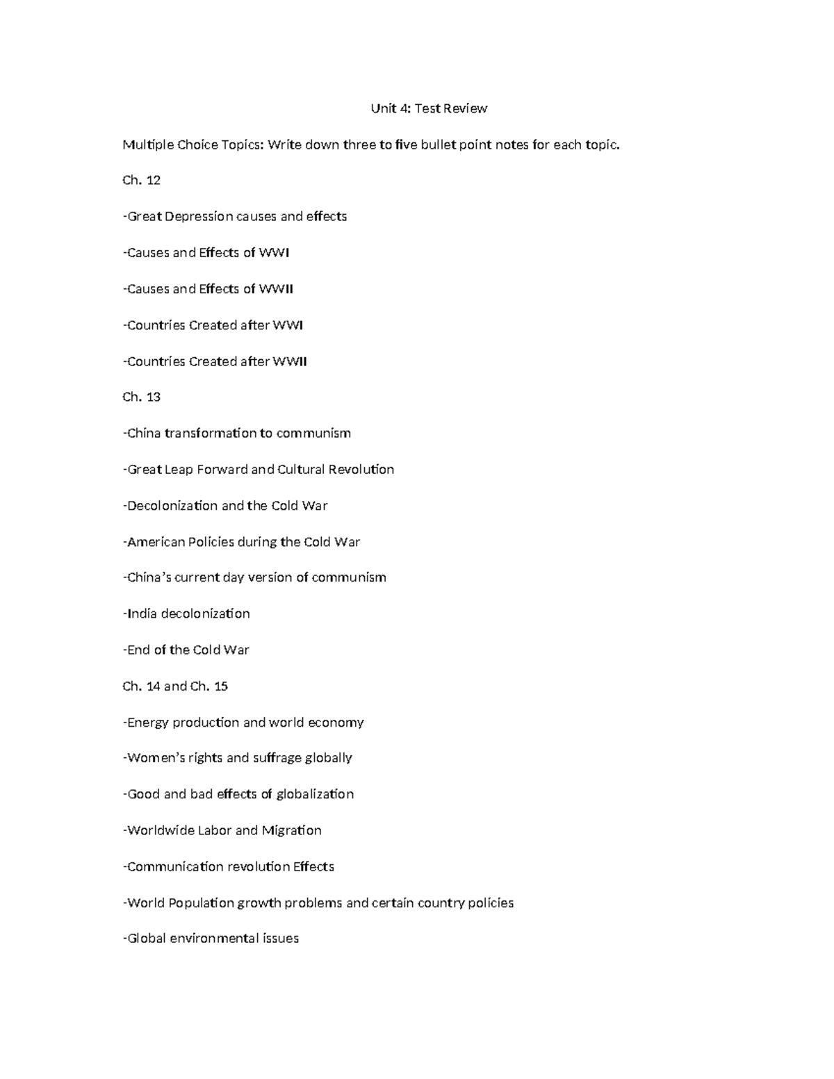 Unit 4 Test Review - jwkef - Unit 4: Test Review Multiple Choice Topics ...