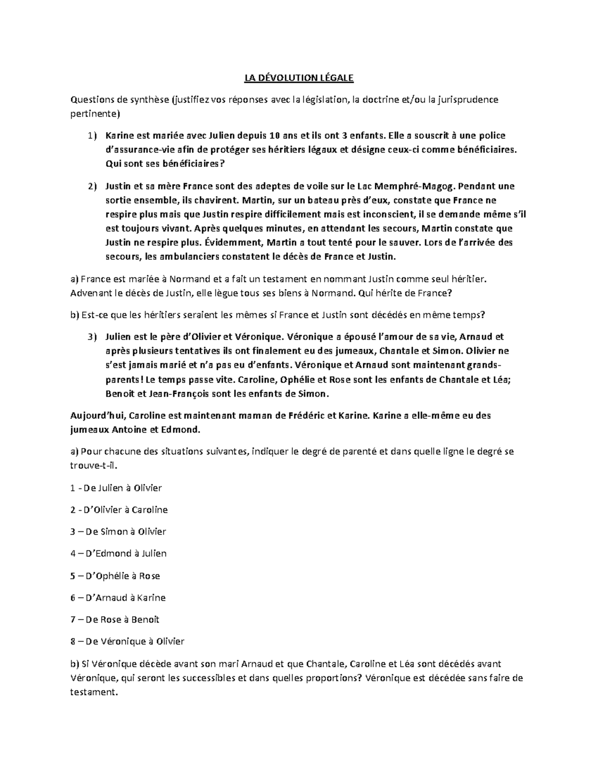 LA Dévolution Légale - exercices - LA DÉVOLUTION LÉGALE Questions de ...