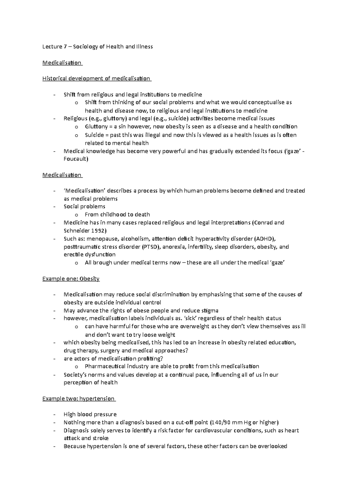 Medicalisation of health - Lecture 7 – Sociology of Health and Illness ...