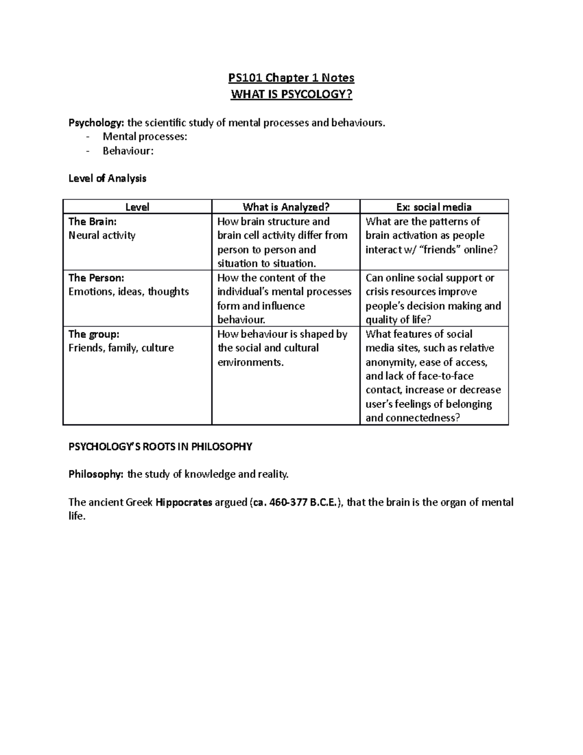 PS101 Chapter 1 Notes - PS101 Chapter 1 Notes WHAT IS PSYCOLOGY ...