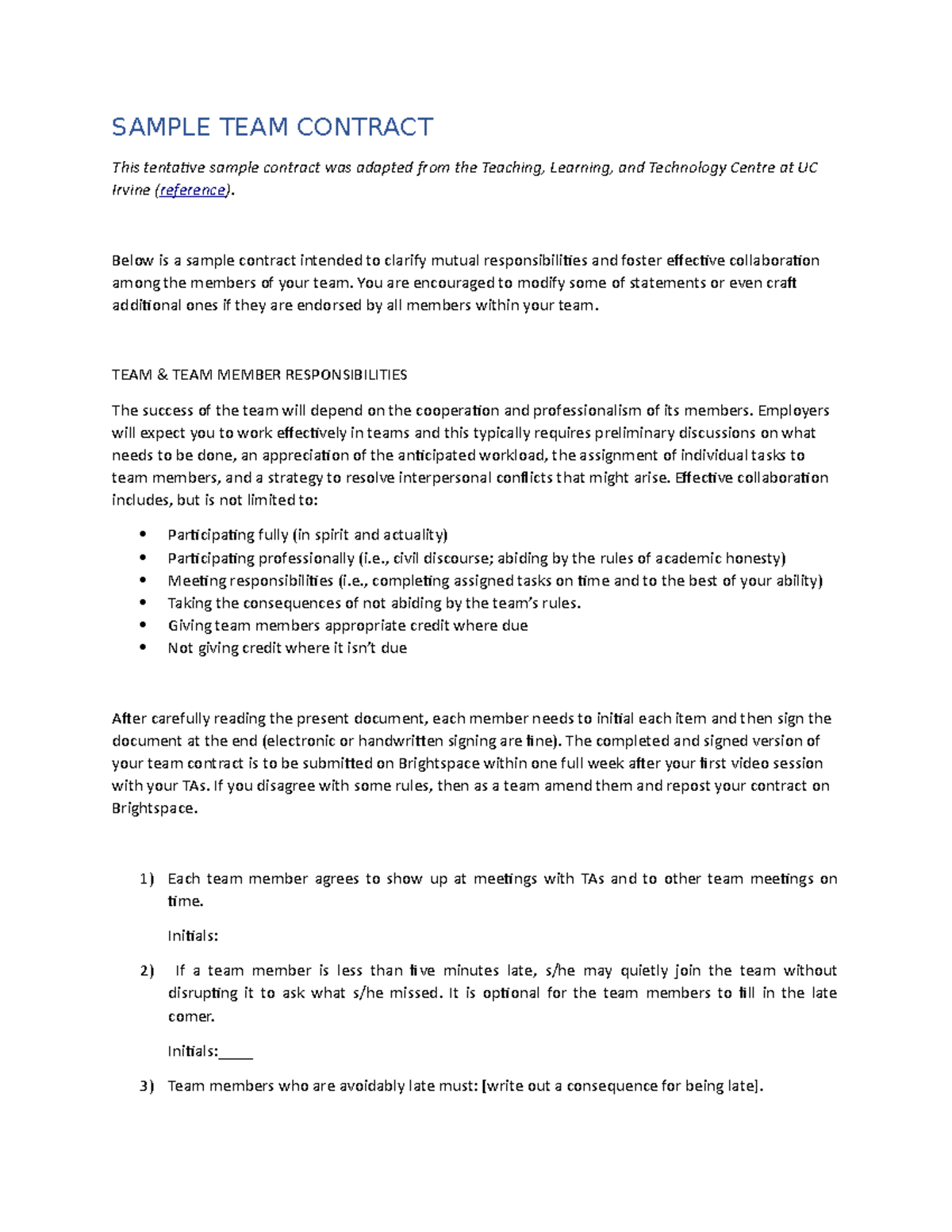 Genetics Lab Team Contract - SAMPLE TEAM CONTRACT This tentaive sample ...