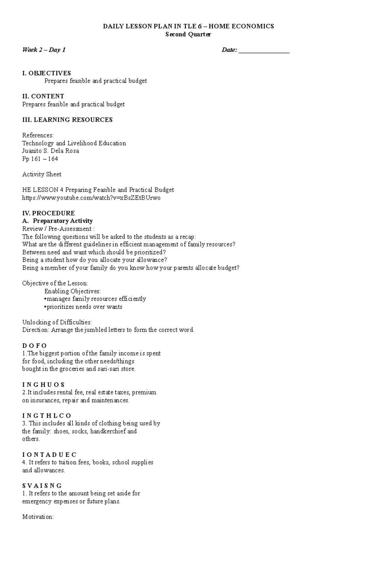 DLP-TLE6 HE WEEK 2 - DLP-TLE6 WEEK 2 - DAILY LESSON PLAN IN TLE 6 ...