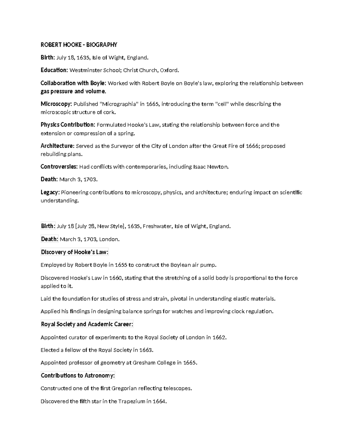 Robert Hooke - ROBERT HOOKE - BIOGRAPHY Birth: July 18, 1635, Isle of ...