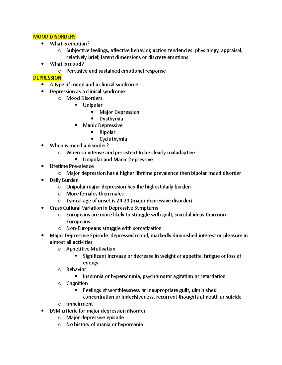 Depression - Notes from Psychopathology - MOOD DISORDERS What is ...
