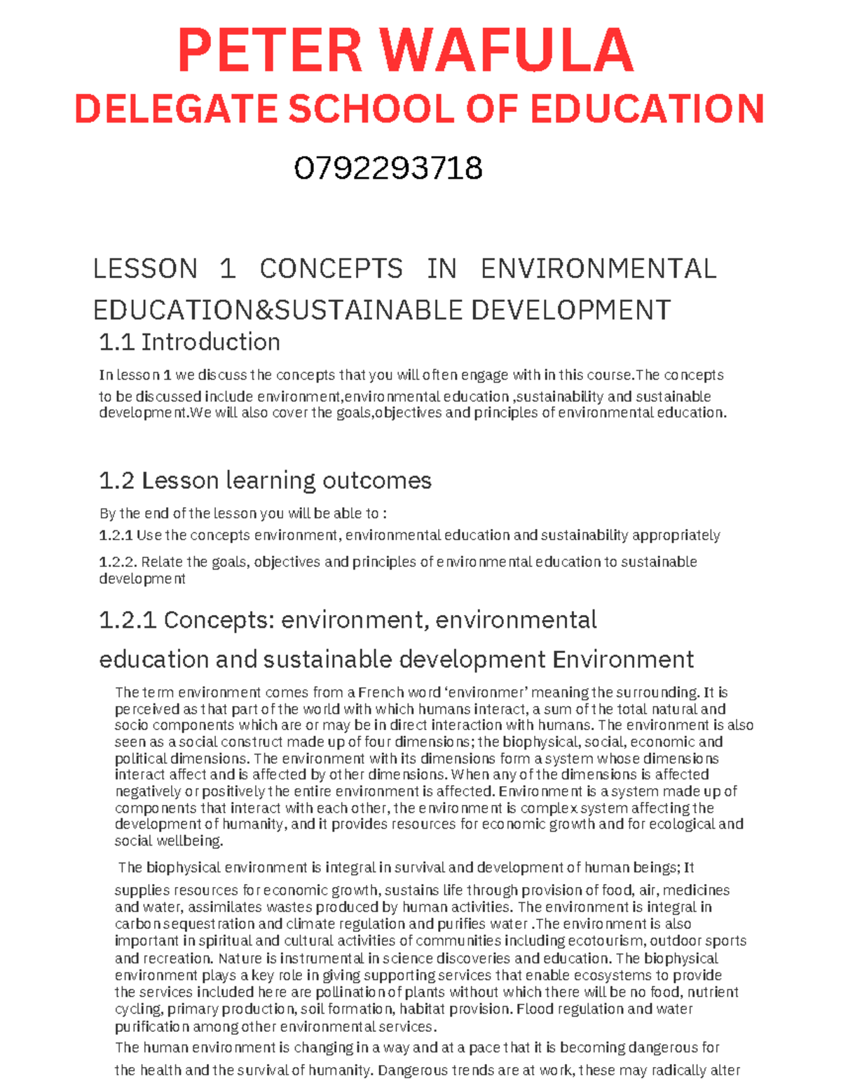 Introduction to environment - LESSON 1 CONCEPTS IN ENVIRONMENTAL ...