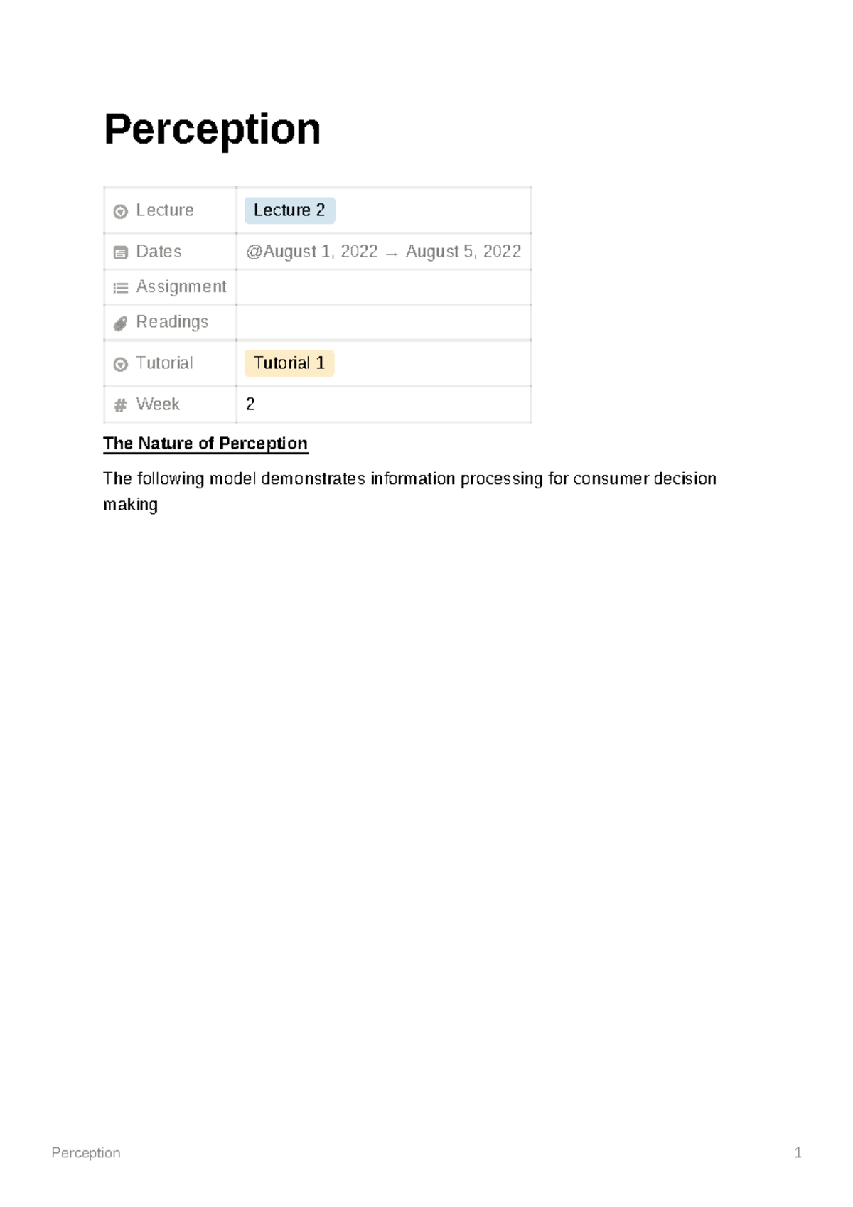 Perception - Perception Lecture Lecture 2 Dates Assignment Readings ...