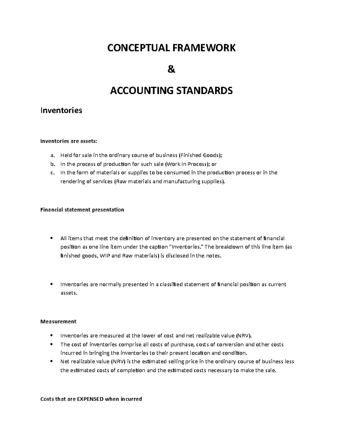 Conceptual Framework & Accounting Standards Inventories - CONCEPTUAL ...