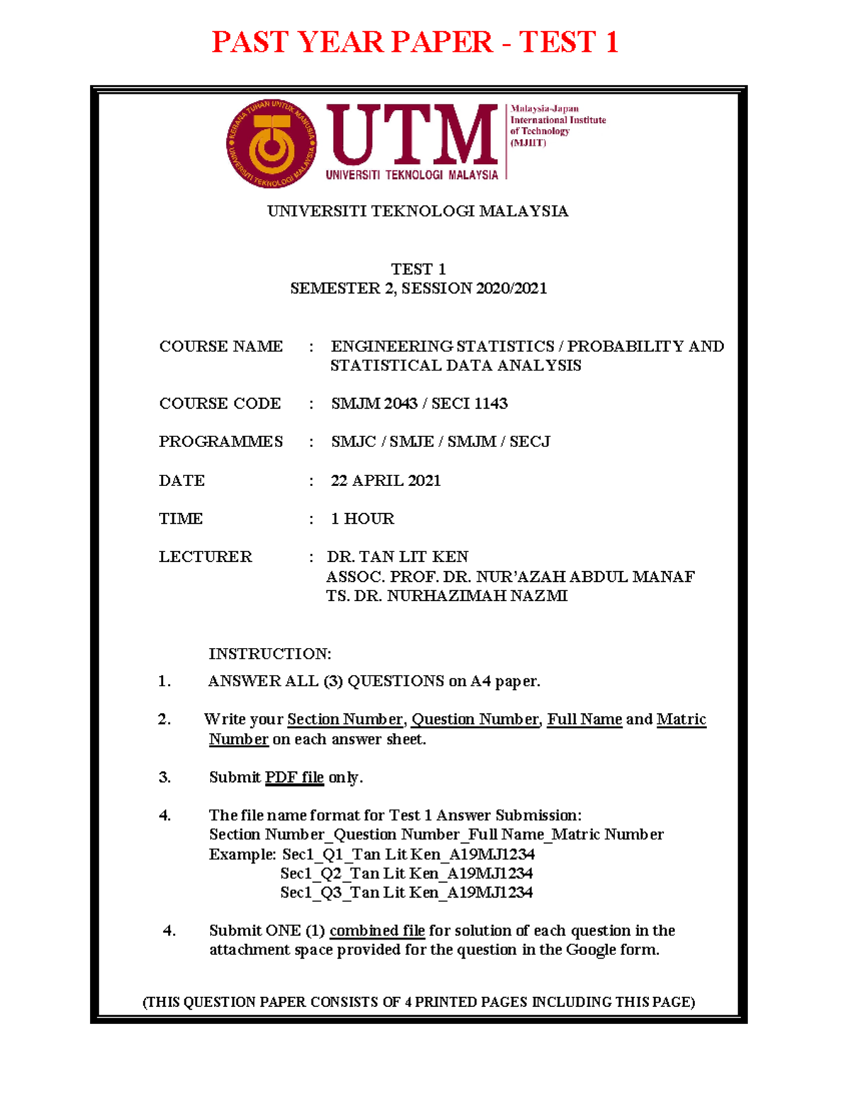 PAST YEAR Paper TEST 1 SMJM2043 20202021 - UNIVERSITI TEKNOLOGI ...